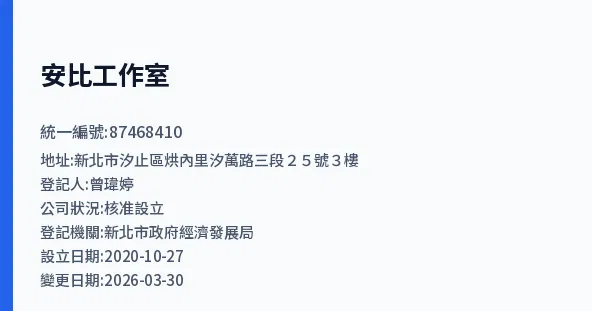 安比工作室的照片-統編 87468410(新北市) 公司登記資料與營業項目詳細圖表