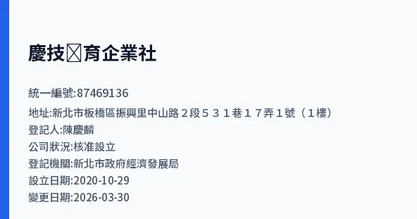慶技骵育企業社的照片-統編 87469136(新北市) 公司登記資料與營業項目詳細圖表