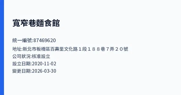 寬窄巷麵食館的照片-統編 87469620(新北市) 公司登記資料與營業項目詳細圖表