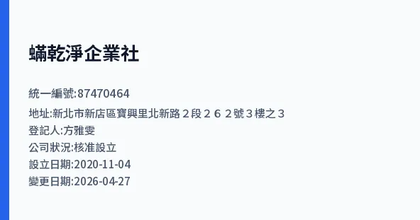 蟎乾淨企業社的照片-統編 87470464(新北市) 公司登記資料與營業項目詳細圖表