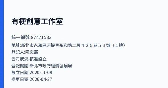 有梗創意工作室的照片-統編 87471533(新北市) 公司登記資料與營業項目詳細圖表