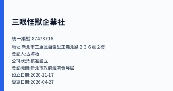 三眼怪獸企業社的照片-統編 87473716(新北市) 公司登記資料與營業項目詳細圖表