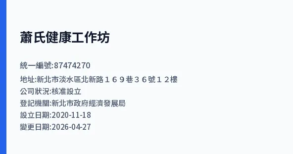 蕭氏健康工作坊的照片-統編 87474270(新北市) 公司登記資料與營業項目詳細圖表