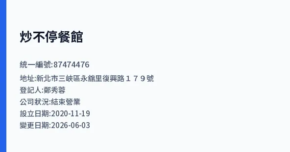 炒不停餐館的照片-統編 87474476(新北市) 公司登記資料與營業項目詳細圖表