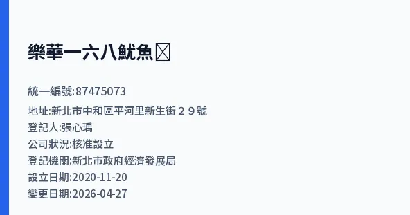 樂華一六八魷魚焿的照片-統編 87475073(新北市) 公司登記資料與營業項目詳細圖表