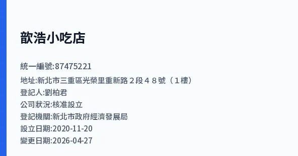 歆浩小吃店的照片-統編 87475221(新北市) 公司登記資料與營業項目詳細圖表