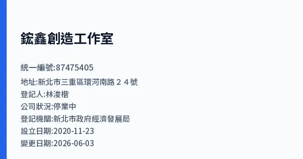 鋐鑫創造工作室的照片-統編 87475405(新北市) 公司登記資料與營業項目詳細圖表