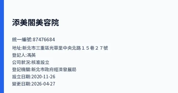 添美閣美容院的照片-統編 87476684(新北市) 公司登記資料與營業項目詳細圖表