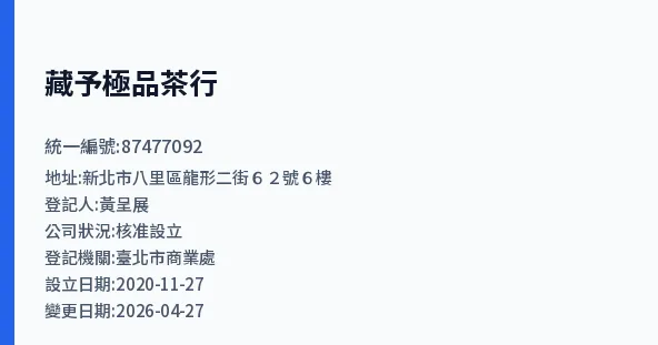 藏予極品茶行的照片-統編 87477092(新北市) 公司登記資料與營業項目詳細圖表