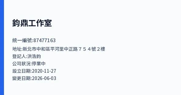 鈞鼎工作室的照片-統編 87477163(新北市) 公司登記資料與營業項目詳細圖表