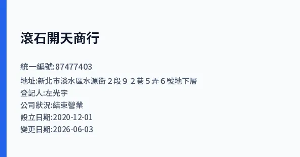 滾石開天商行的照片-統編 87477403(新北市) 公司登記資料與營業項目詳細圖表