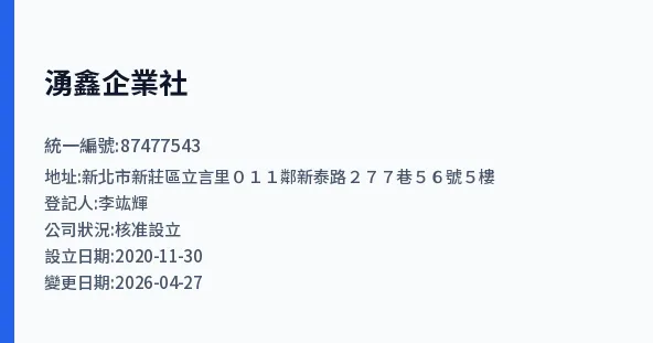 湧鑫企業社的照片-統編 87477543(新北市) 公司登記資料與營業項目詳細圖表