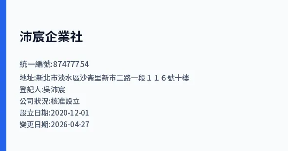 沛宸企業社的照片-統編 87477754(新北市) 公司登記資料與營業項目詳細圖表