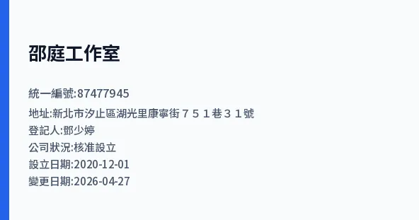 邵庭工作室的照片-統編 87477945(新北市) 公司登記資料與營業項目詳細圖表