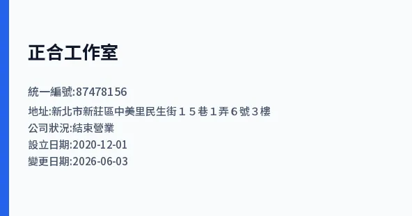 正合工作室的照片-統編 87478156(新北市) 公司登記資料與營業項目詳細圖表