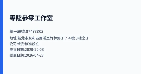 零陸參零工作室的照片-統編 87478803(新北市) 公司登記資料與營業項目詳細圖表