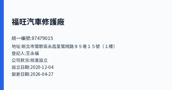 福旺汽車修護廠的照片-統編 87479015(新北市) 公司登記資料與營業項目詳細圖表