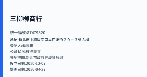 三柳柳商行的照片-統編 87479520(新北市) 公司登記資料與營業項目詳細圖表