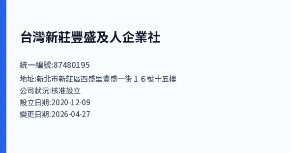 台灣新莊豐盛及人企業社的照片-統編 87480195(新北市) 公司登記資料與營業項目詳細圖表