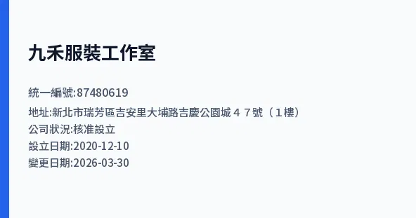 九禾服裝工作室的照片-統編 87480619(新北市) 公司登記資料與營業項目詳細圖表