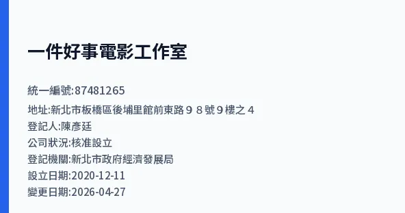 一件好事電影工作室的照片-統編 87481265(新北市) 公司登記資料與營業項目詳細圖表