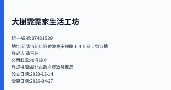 大樹霏霏家生活工坊的照片-統編 87481589(新北市) 公司登記資料與營業項目詳細圖表