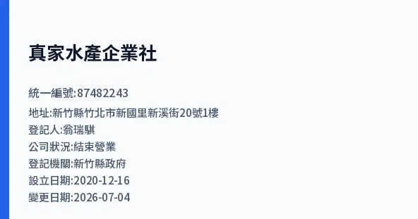 真家水產企業社的照片-統編 87482243(新竹縣) 公司登記資料與營業項目詳細圖表
