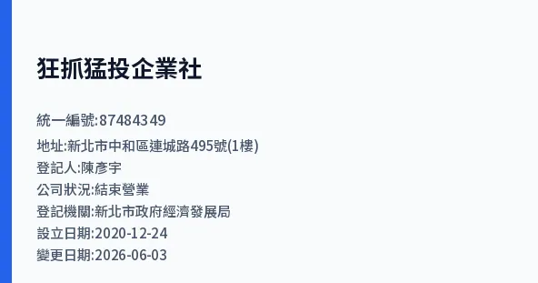 狂抓猛投企業社的照片-統編 87484349(新北市) 公司登記資料與營業項目詳細圖表