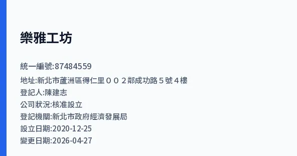 樂雅工坊的照片-統編 87484559(新北市) 公司登記資料與營業項目詳細圖表