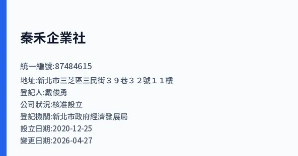 秦禾企業社的照片-統編 87484615(新北市) 公司登記資料與營業項目詳細圖表