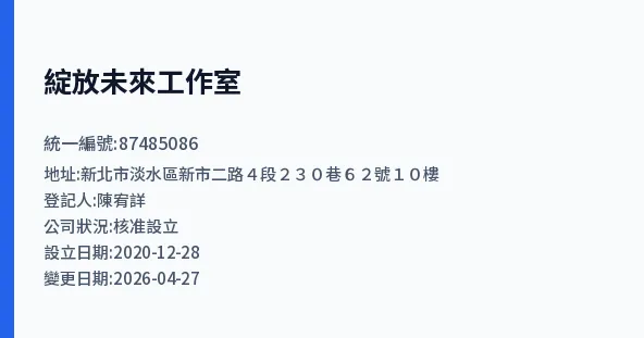 綻放未來工作室的照片-統編 87485086(新北市) 公司登記資料與營業項目詳細圖表