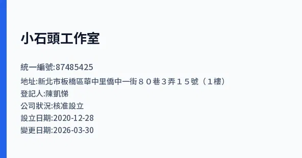 小石頭工作室的照片-統編 87485425(新北市) 公司登記資料與營業項目詳細圖表