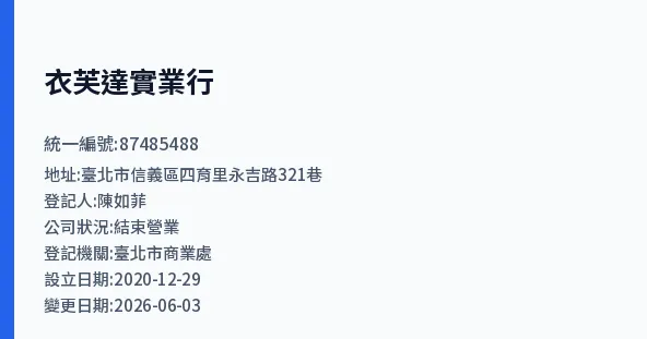 衣芙達實業行的照片-統編 87485488(臺北市) 公司登記資料與營業項目詳細圖表