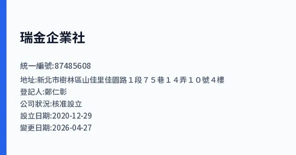 瑞金企業社的照片-統編 87485608(新北市) 公司登記資料與營業項目詳細圖表