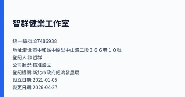 智群健業工作室的照片-統編 87486938(新北市) 公司登記資料與營業項目詳細圖表