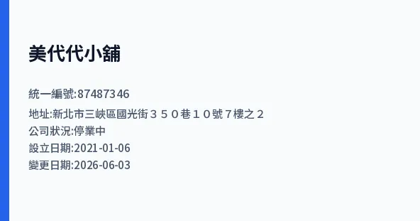 美代代小舖的照片-統編 87487346(新北市) 公司登記資料與營業項目詳細圖表
