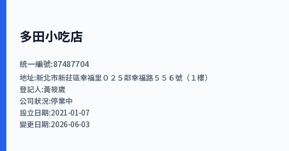 多田小吃店的照片-統編 87487704(新北市) 公司登記資料與營業項目詳細圖表