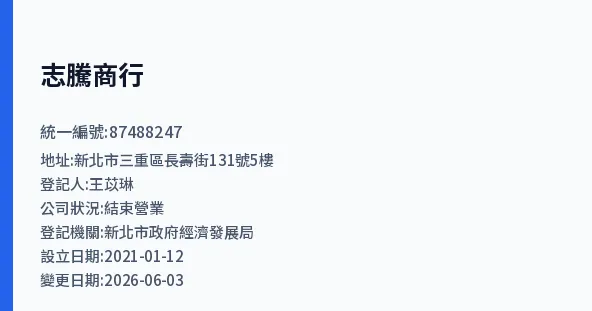 志騰商行的照片-統編 87488247(新北市) 公司登記資料與營業項目詳細圖表