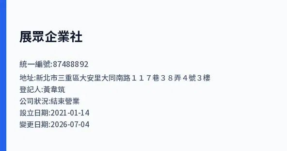 展眾企業社的照片-統編 87488892(新北市) 公司登記資料與營業項目詳細圖表