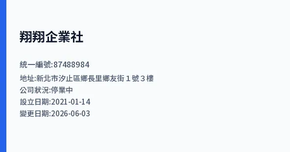 翔翔企業社的照片-統編 87488984(新北市) 公司登記資料與營業項目詳細圖表