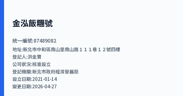 金泓飯糰號的照片-統編 87489082(新北市) 公司登記資料與營業項目詳細圖表