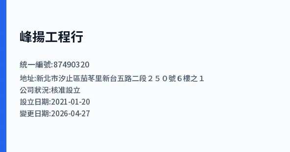峰揚工程行的照片-統編 87490320(新北市) 公司登記資料與營業項目詳細圖表