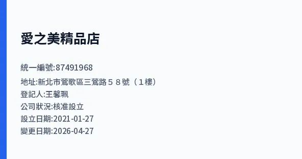 愛之美精品店的照片-統編 87491968(新北市) 公司登記資料與營業項目詳細圖表