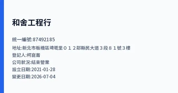 和舍工程行的照片-統編 87492185(新北市) 公司登記資料與營業項目詳細圖表