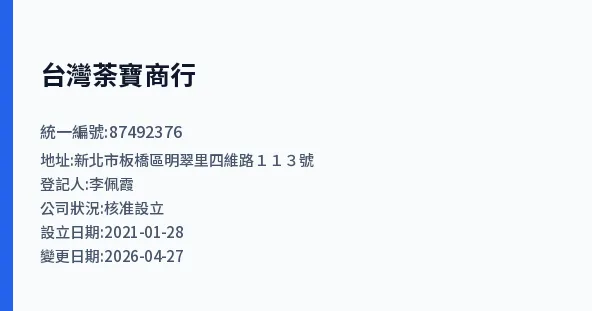 台灣荼寶商行的照片-統編 87492376(新北市) 公司登記資料與營業項目詳細圖表