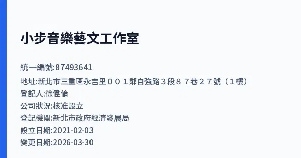 小步音樂藝文工作室的照片-統編 87493641(新北市) 公司登記資料與營業項目詳細圖表