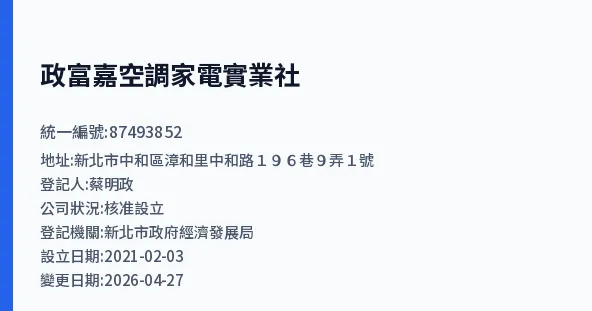 政富嘉空調家電實業社的照片-統編 87493852(新北市) 公司登記資料與營業項目詳細圖表