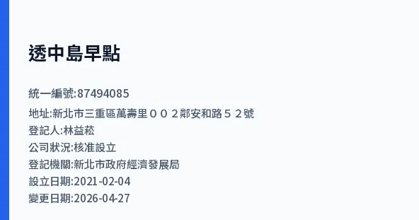 透中島早點的照片-統編 87494085(新北市) 公司登記資料與營業項目詳細圖表