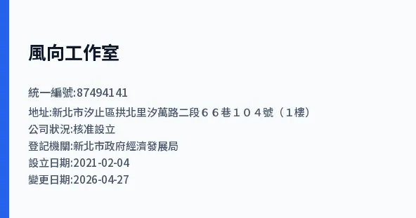 風向工作室的照片-統編 87494141(新北市) 公司登記資料與營業項目詳細圖表