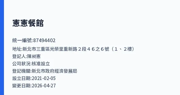 憲憲餐館的照片-統編 87494402(新北市) 公司登記資料與營業項目詳細圖表
